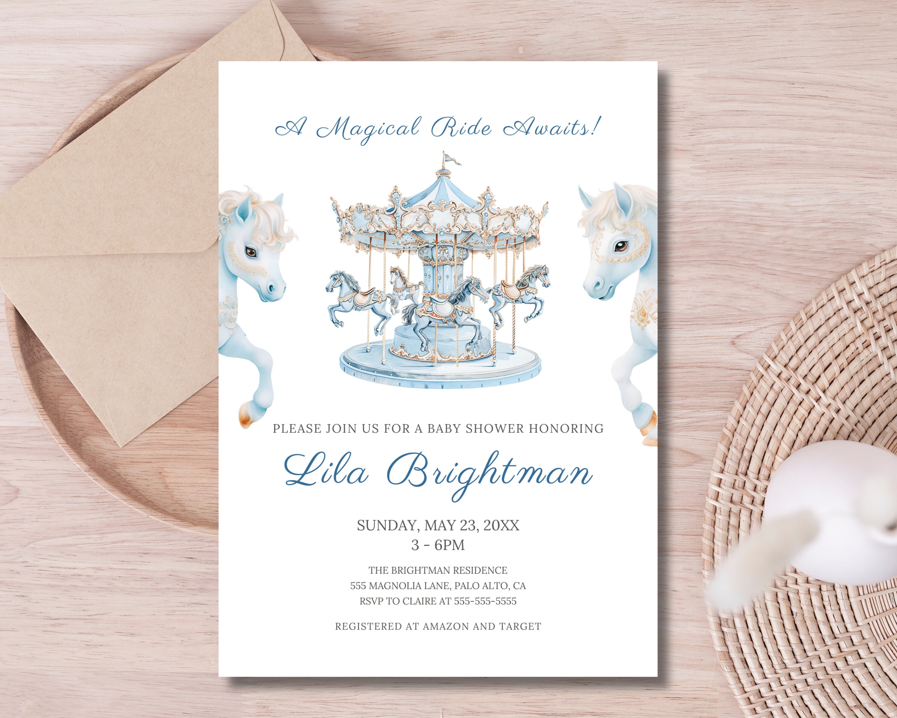 Editable Baby Boy Shower Carousel Invitation | Blue Florals Shower ...