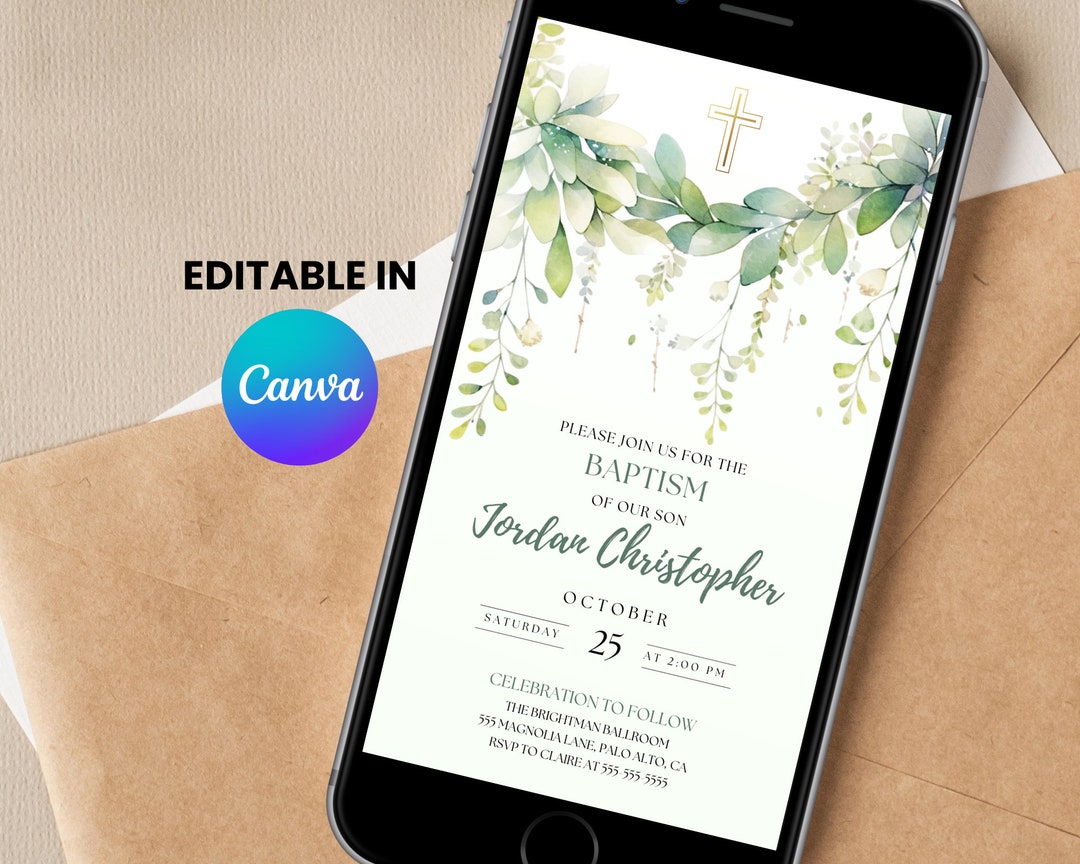 Editable Boy Baptism Invitation Boy Baptism Invite Leaves Greenery Digital Evite Christening 1st ...
