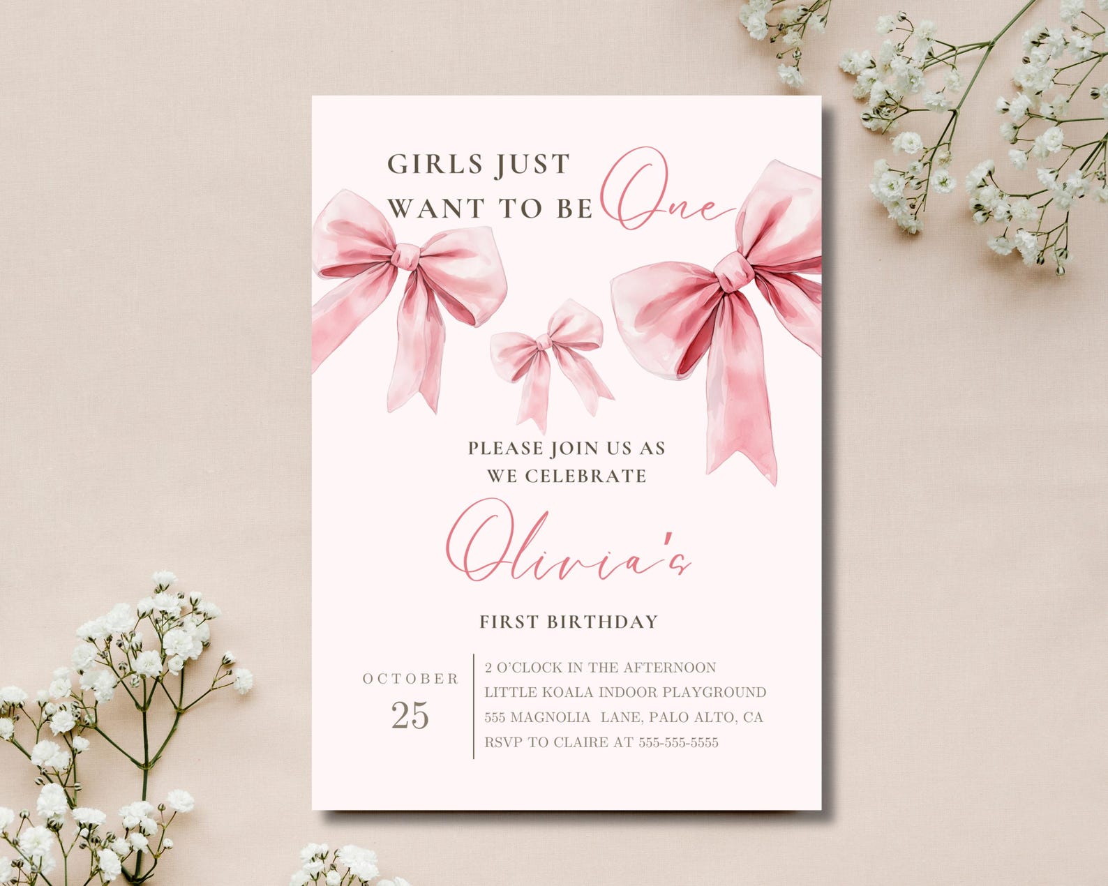 Girls Just Want to Be ONE Invitation, Editable Pink Bow Invite, Girl ...