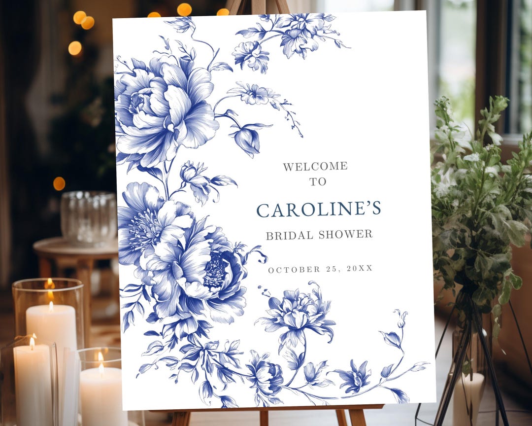 Blue Chinoiserie Bridal Shower Welcome Sign, French Blue Toile De Jouy ...