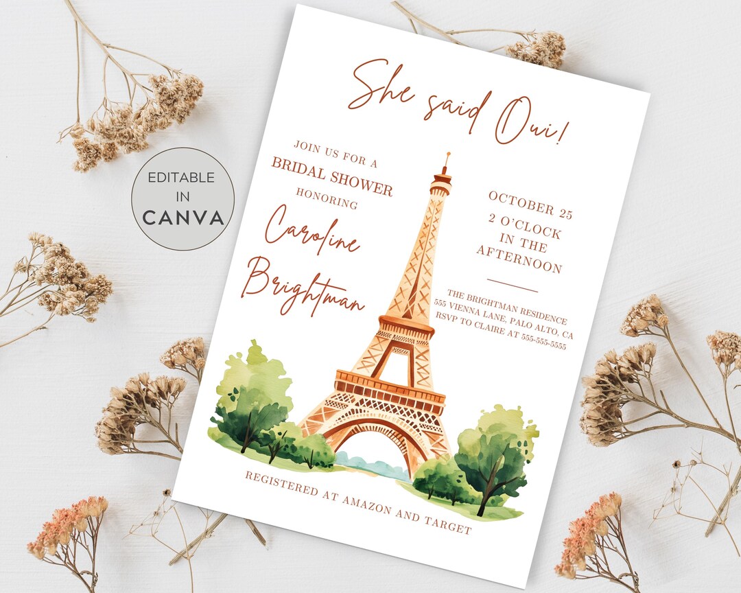Eiffel Tower Paris Bridal Shower Invitation Template, Editable Bridal ...