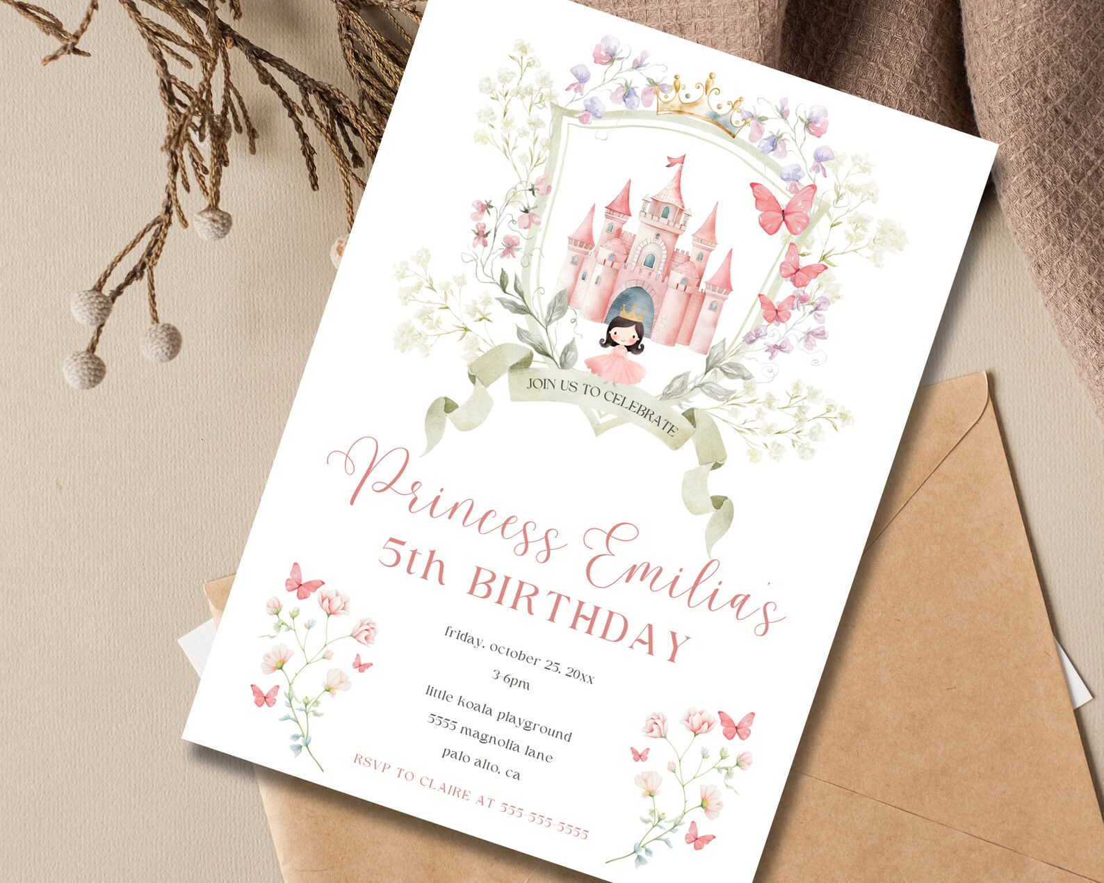 Pink Princess Birthday Invitation, Princess Castle Birthday Party ...