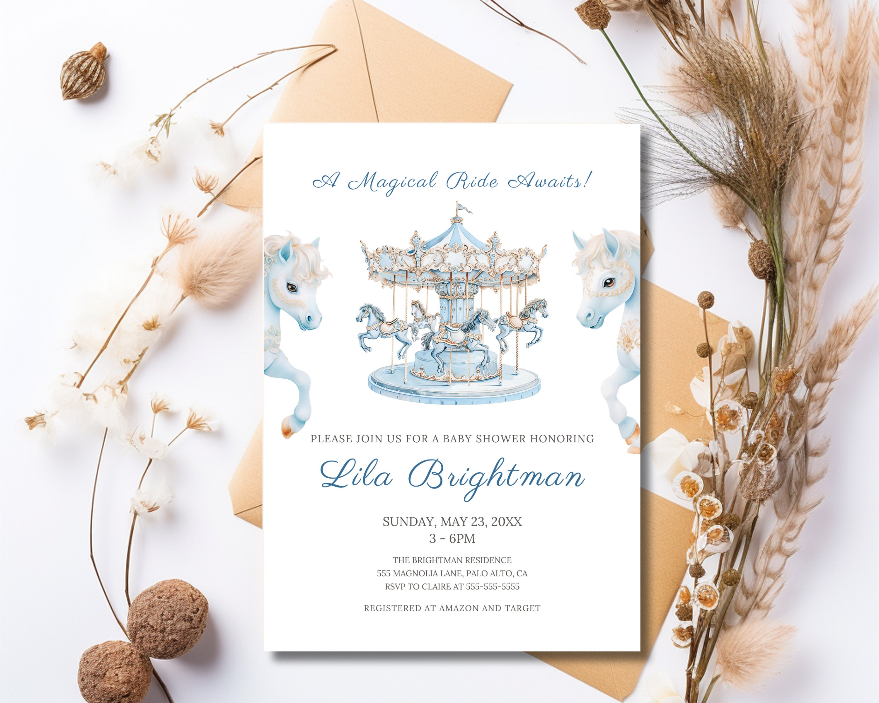 Editable Baby Boy Shower Carousel Invitation | Blue Florals Shower ...