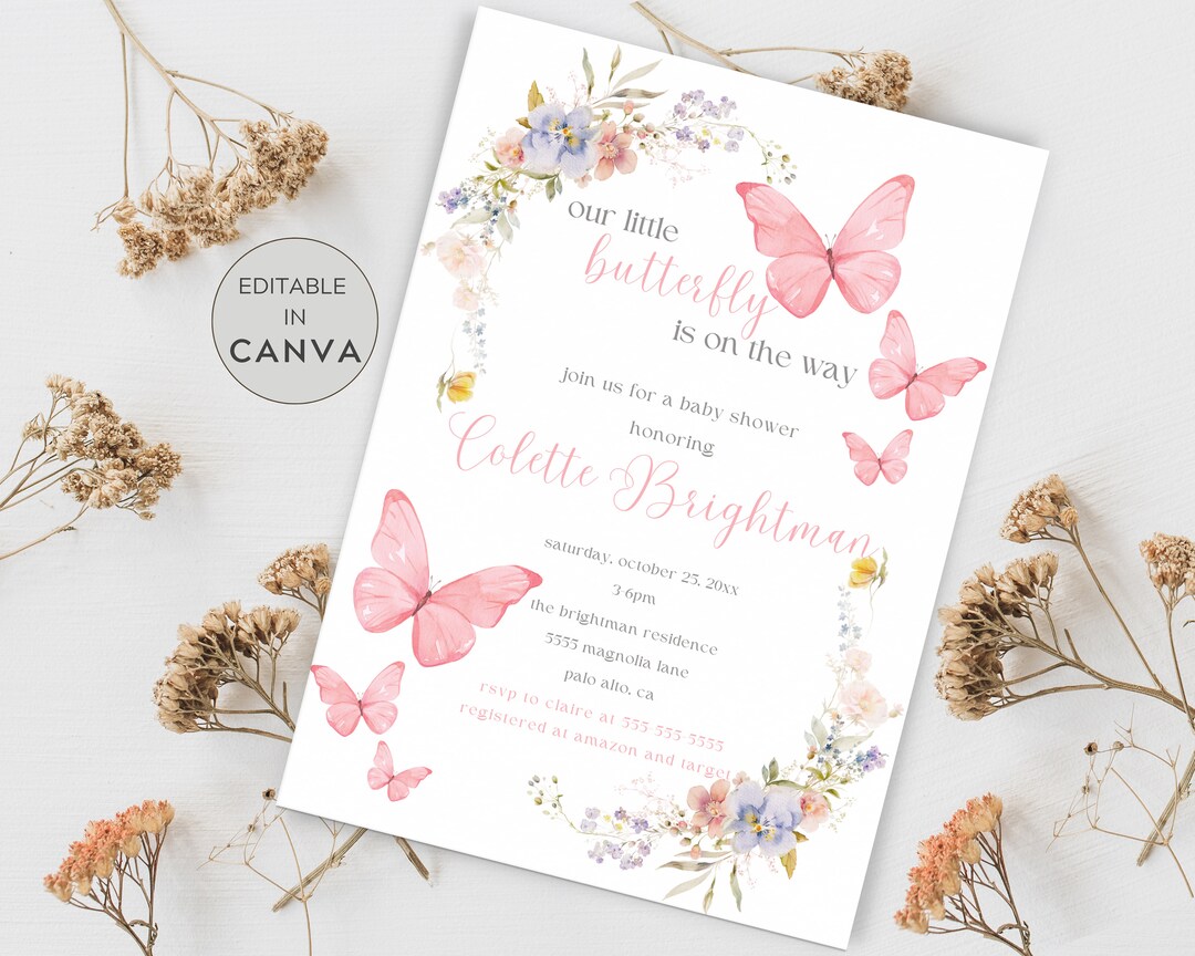 Butterfly Baby Shower Invitation, Whimsical Pink Butterfly Baby Shower ...