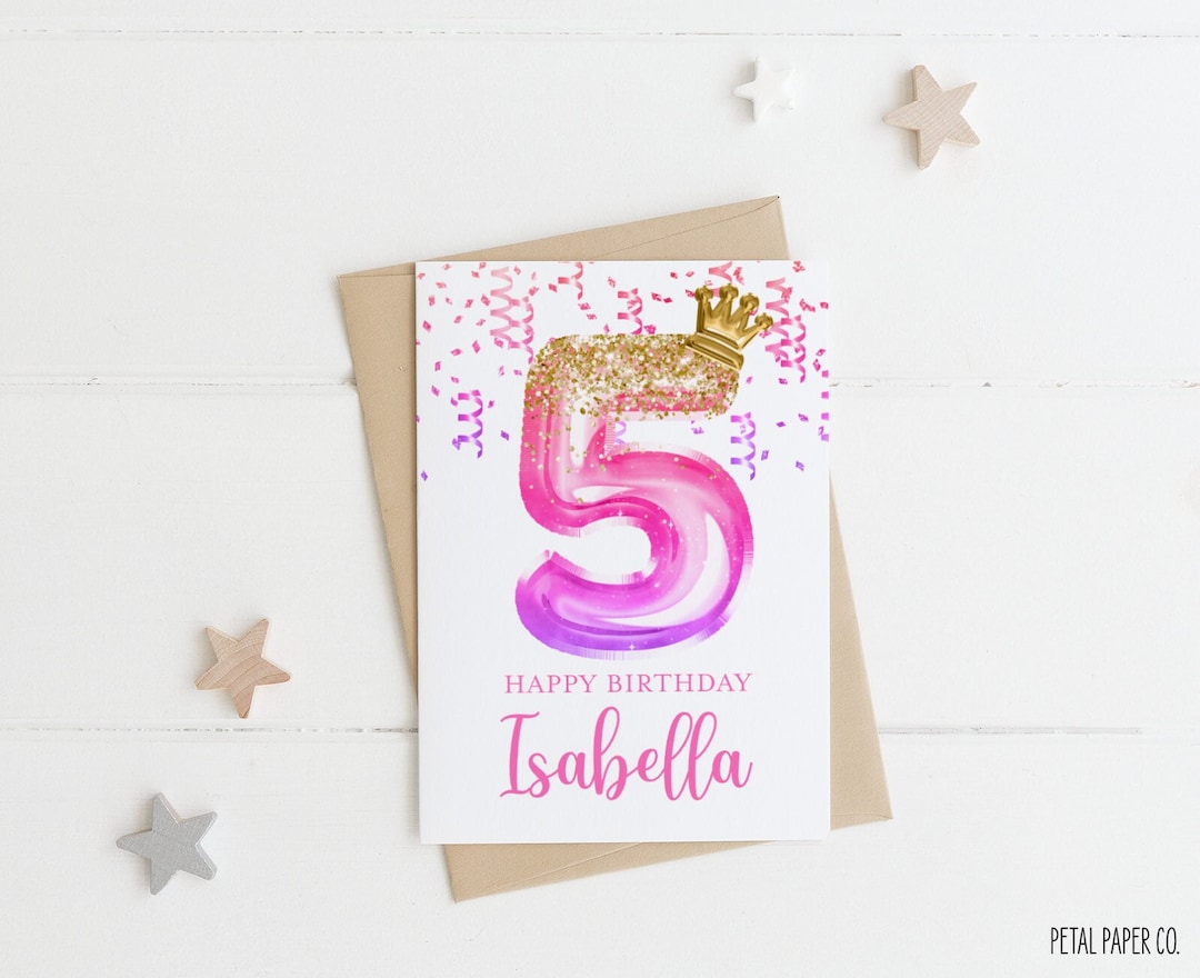 5th Birthday Card Girl, Girl Birthday Card, Personalized With Name ...