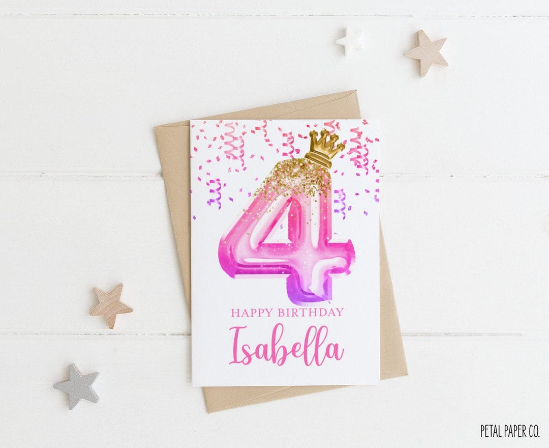 4th Birthday Card Girl, Girl Birthday Card, Personalized With Name ...