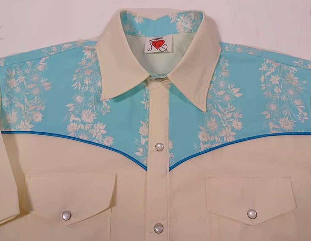 Light Western Shirt, Metallic Accents, Blue and Cream Cowboy Shirt ...