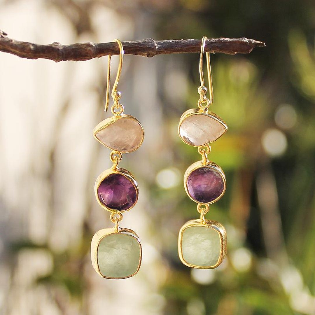 Colourful Raw Rough Irregular Gemstone Earrings Set in 24K Gold ...