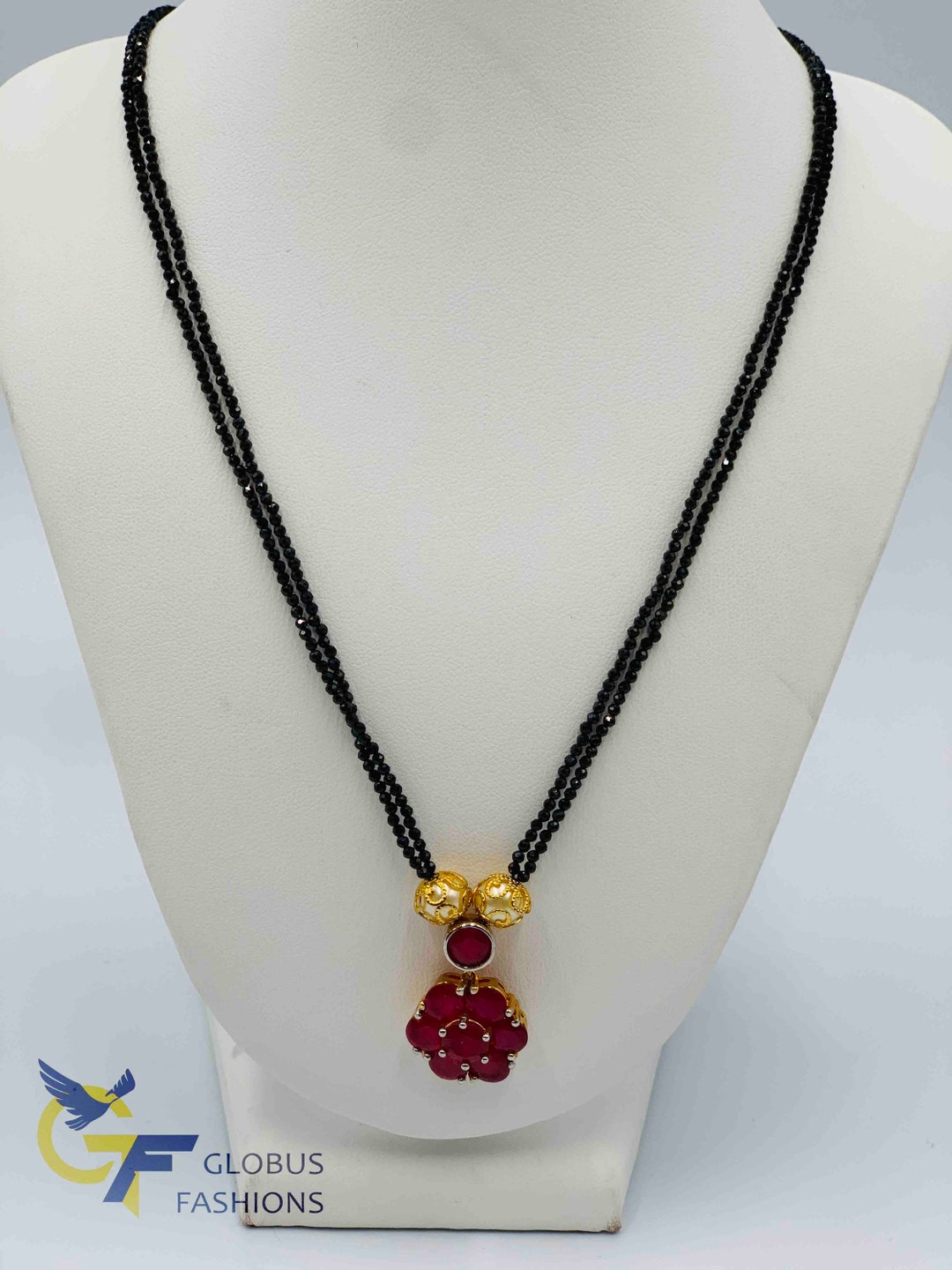 Traditional Ruby Stones Pendant/ Black Beads Chain/ Mangalsutram/ Party ...