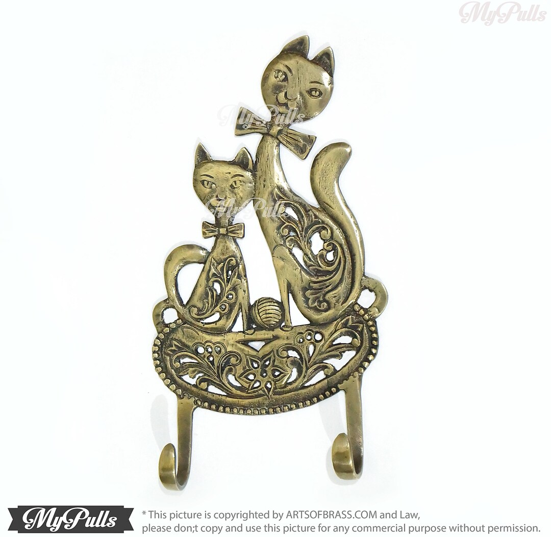 9.85" Inches Solid Brass Cat Wall Hook Decor With the Wool Ball | Kitty ...