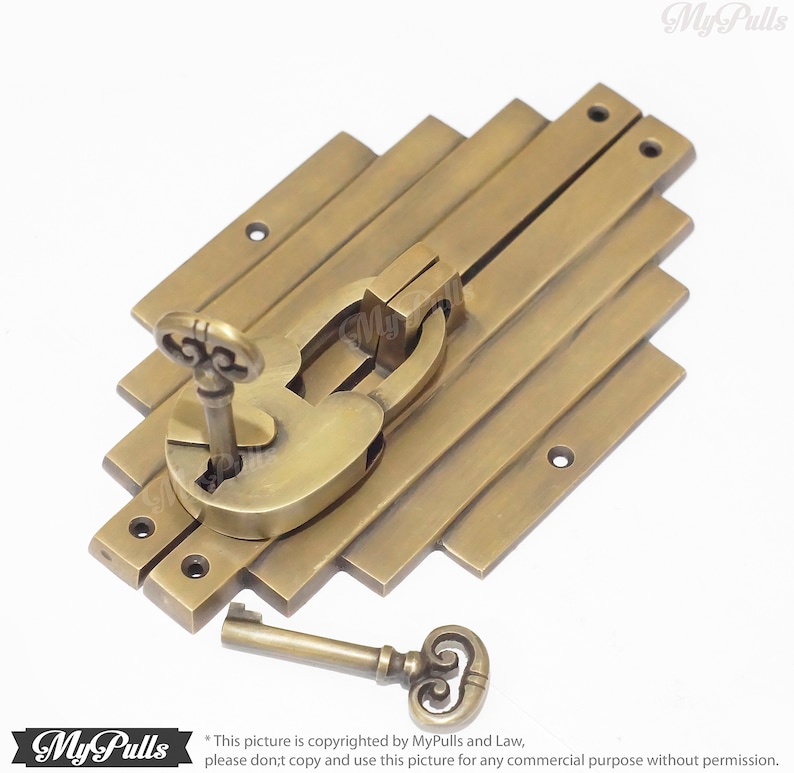 7.55" in Solid Brass Asian Bamboo Latch Door Safe Latch Lock With Old ...