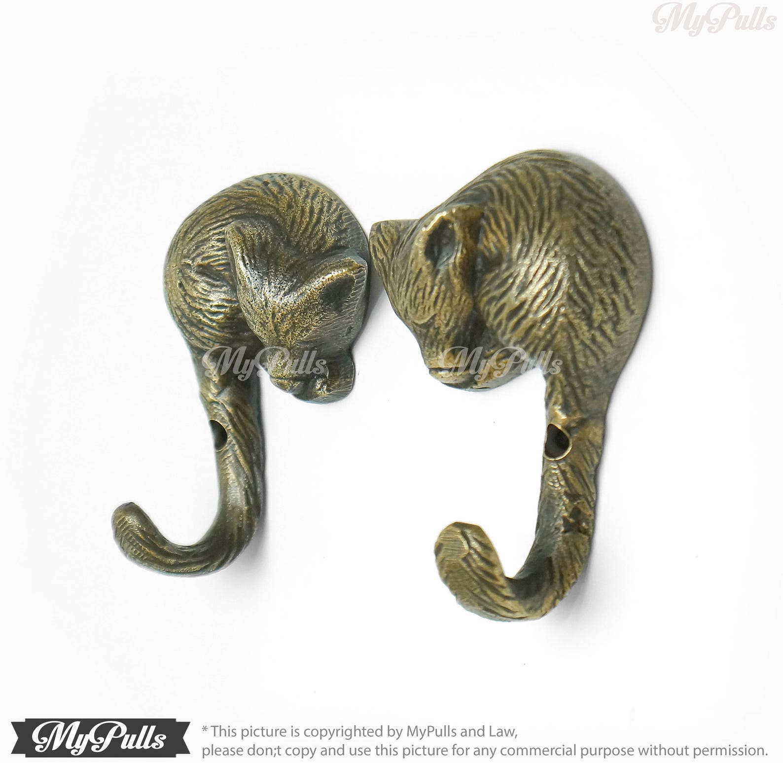 3.03" in Pair Brass Sleeping Fox Hooks Woodland Strong Wall Hook Mount ...