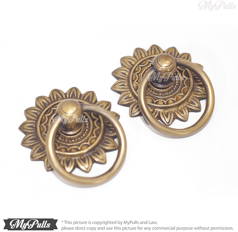 3.00" Solid Brass Sun Flower Ring Pull Knobs | Retro Solid Round Ring ...