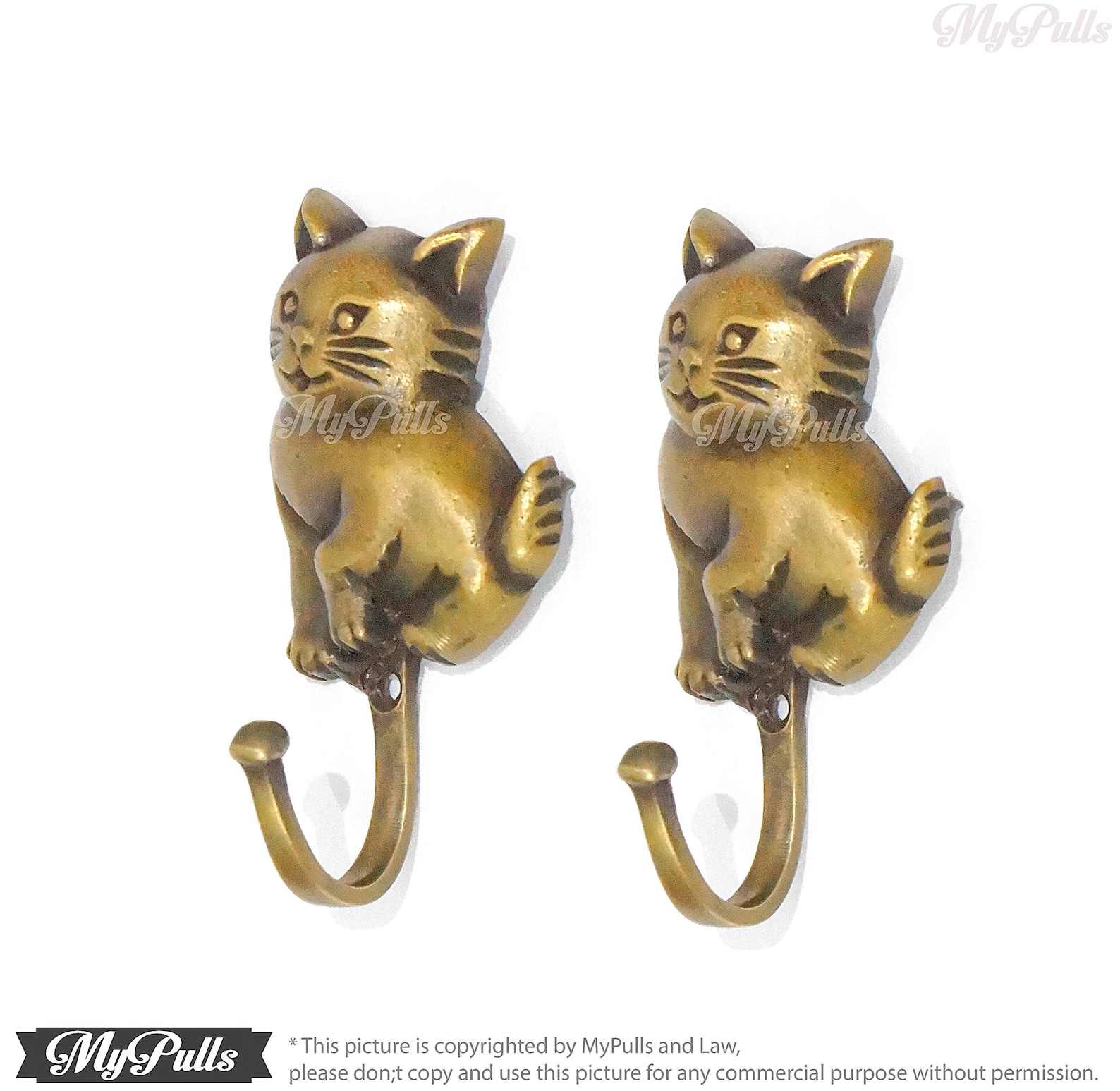 Pair Set of 2 Pcs Solid Brass Kitten Cute Cat Wall Hook Animal Pets ...