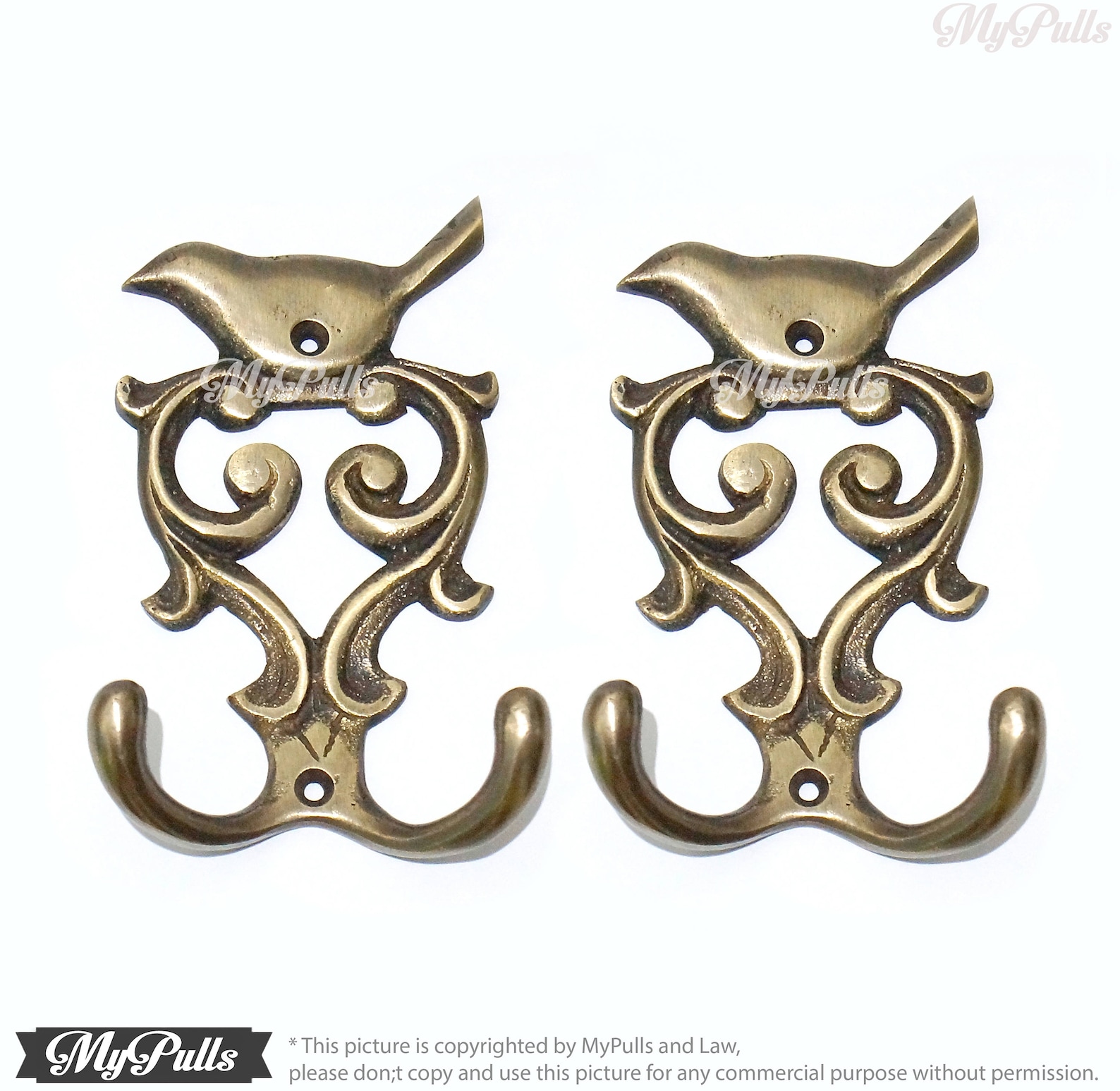 4.33" Inches for 2 Pcs Solid Brass Birdie / Sparrow / Bird Wall Hook ...