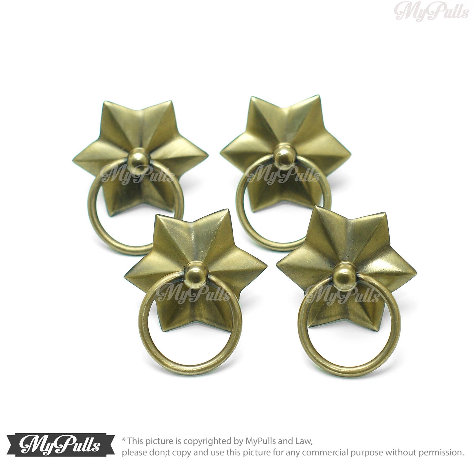 2.20" Inches Set of 4 Pcs SOLID BRASS Retro STAR Ring Pulls Cabinet ...
