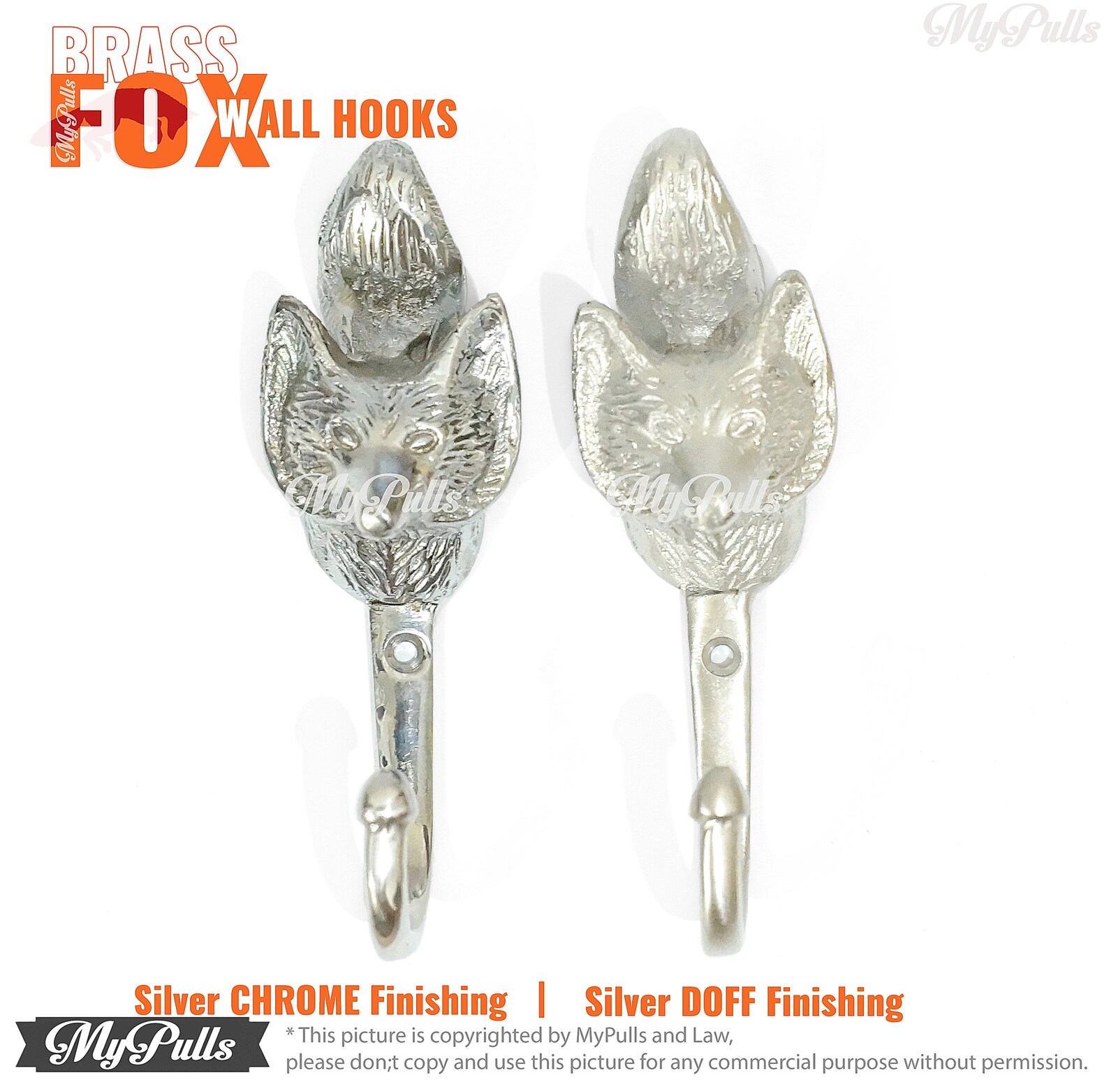 4.52" Pair Solid Brass Fox Wall Hook Woodland Strong Wall Hook Mount ...