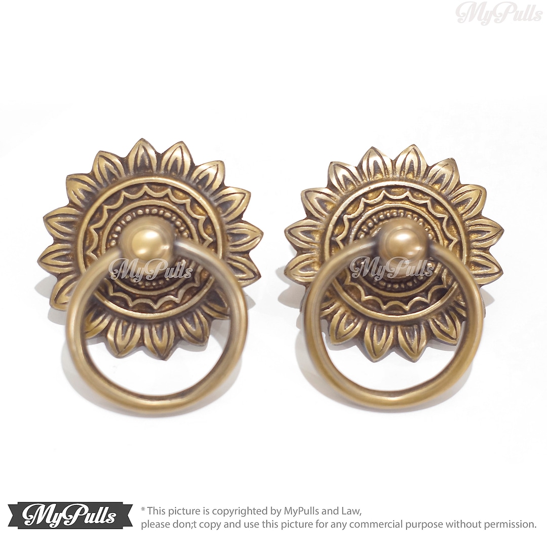 3.00" Solid Brass Sun Flower Ring Pull Knobs | Retro Solid Round Ring ...