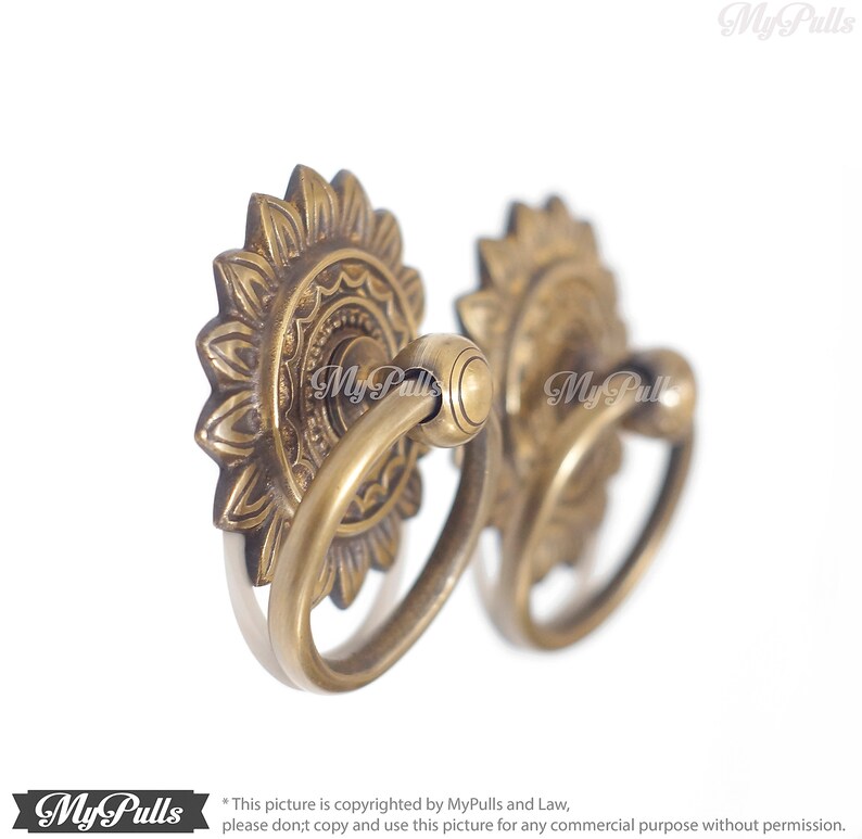 3.00" Solid Brass Sun Flower Ring Pull Knobs | Retro Solid Round Ring ...