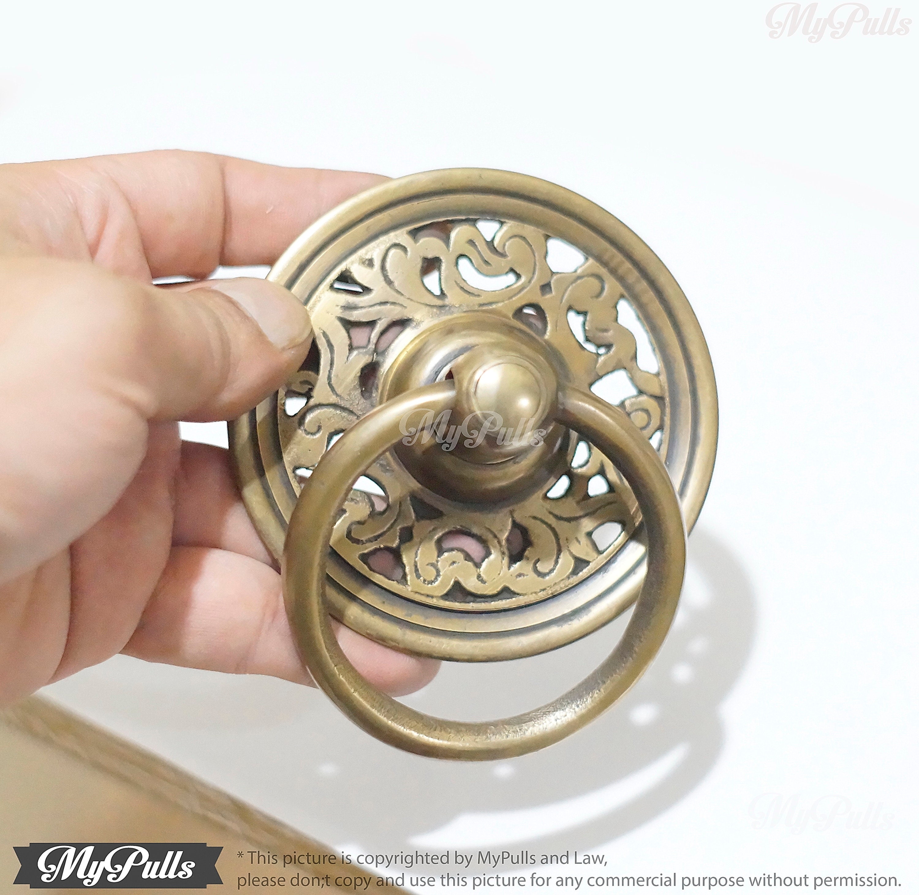 2 Pcs Solid Brass Round Carved Ring Pulls Handle Brass Door | Etsy