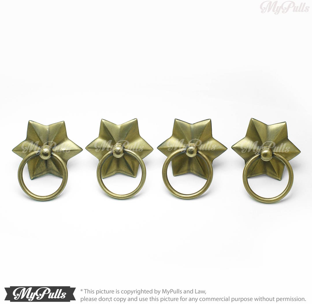 2.20" Inches Set of 4 Pcs SOLID BRASS Retro STAR Ring Pulls Cabinet ...