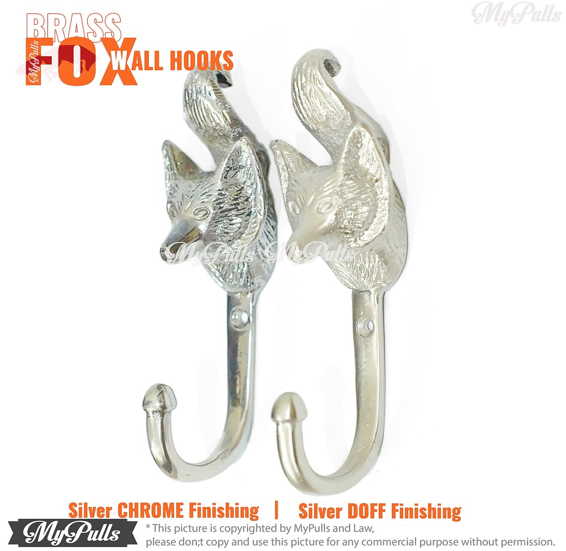4.52" Pair Solid Brass Fox Wall Hook Woodland Strong Wall Hook Mount ...