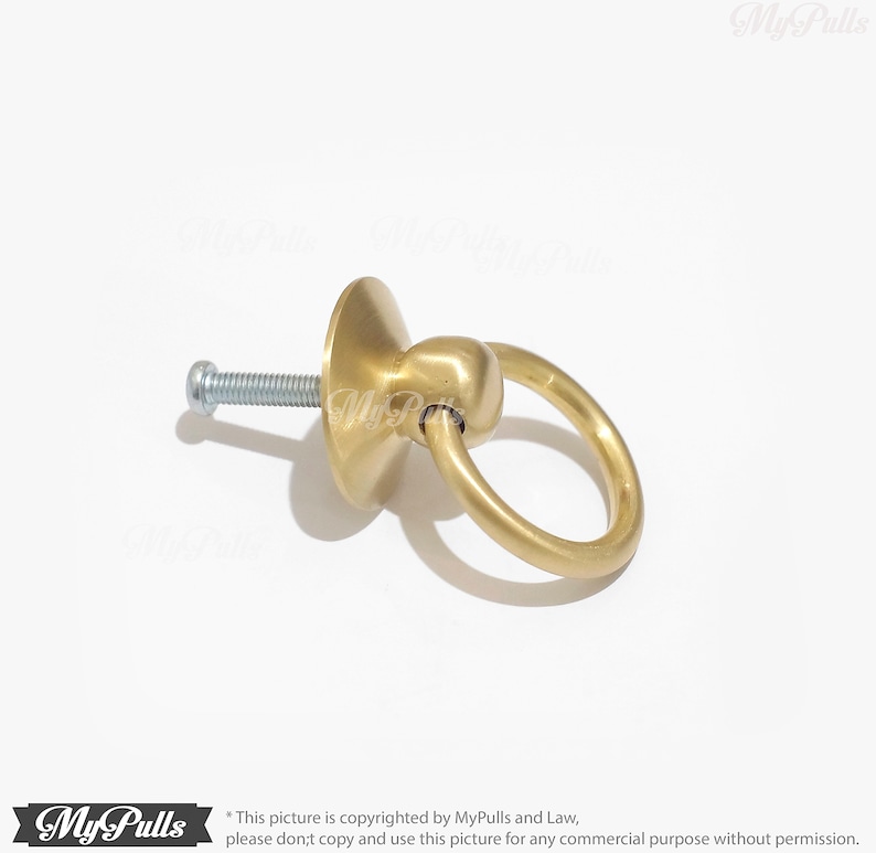 Brushed Brass Round Ring Pulls Cabinet Drawer Dresser Solid Brass Knob ...