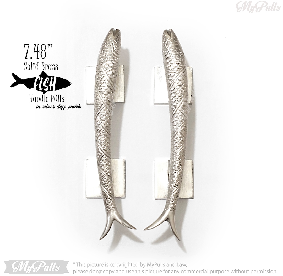 7.48" Inches Pair Solid Brass Retro Fish Pull Silver Doff Finish ...