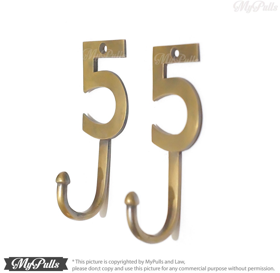 Solid Brass Lucky Number 5 Five Wall Hook, Strong Brass Coat Hook, Hat ...
