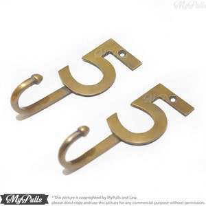 Solid Brass Lucky Number 5 Five Wall Hook, Strong Brass Coat Hook, Hat ...