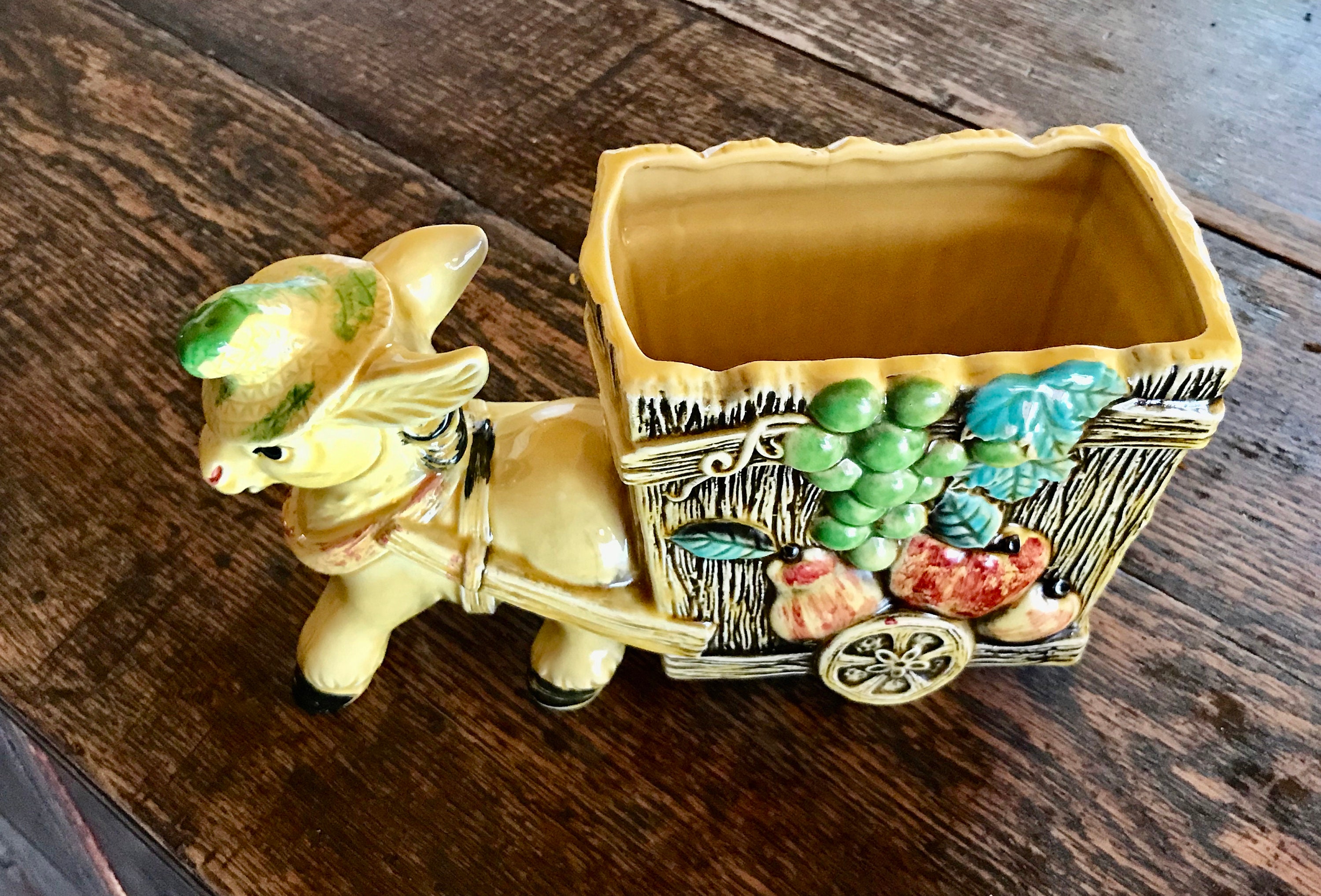 Donkey Ceramic Planter, Lofton Figurine, Pulling Cart, Candy Container ...