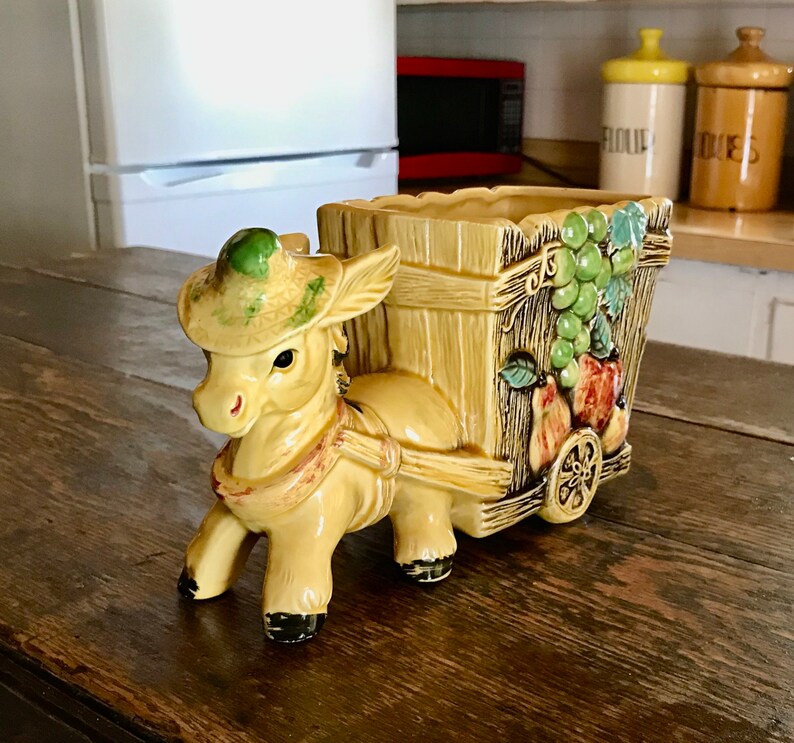 Donkey Ceramic Planter, Lofton Figurine, Pulling Cart, Candy Container ...