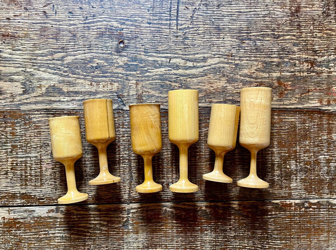Six Hand Carved Birch Stemmed Glasses, Goblets, Small Wooden Cups, Wine ...