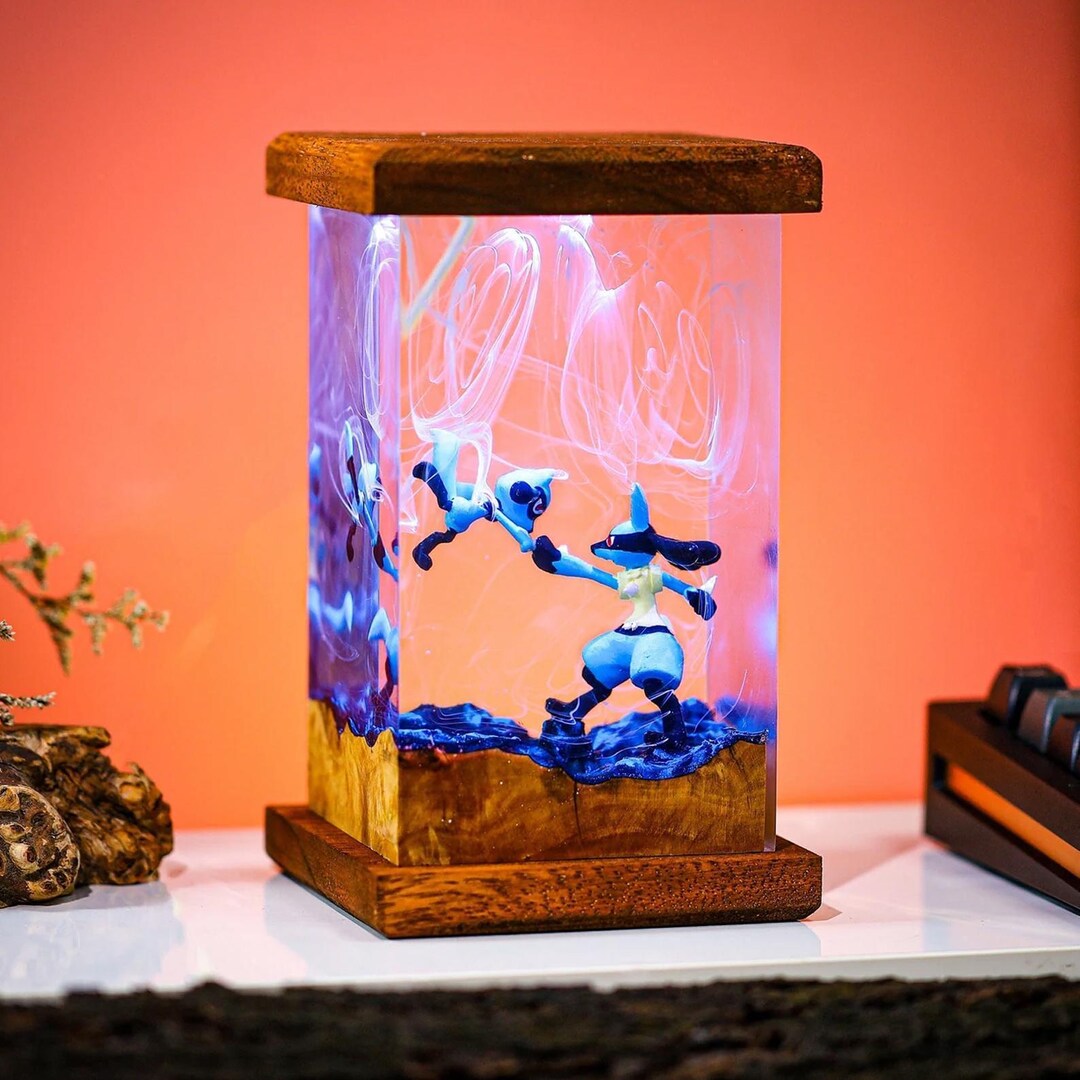 Lucario & Riolu Resin Lamp – Handmade Pokémon Aura Battle LED Light Box ...