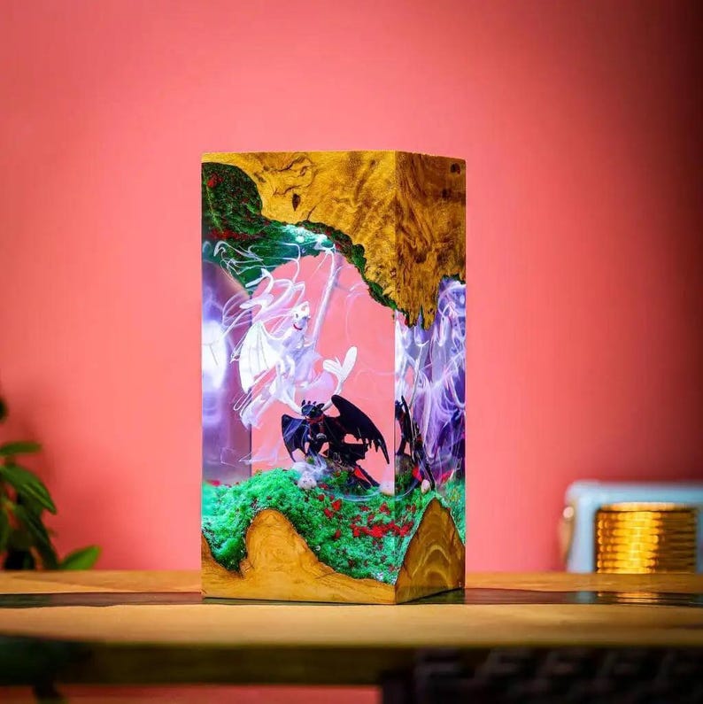 Toothless & Light Fury Resin Lamp – Dragon Couple LED Diorama, Fantasy ...