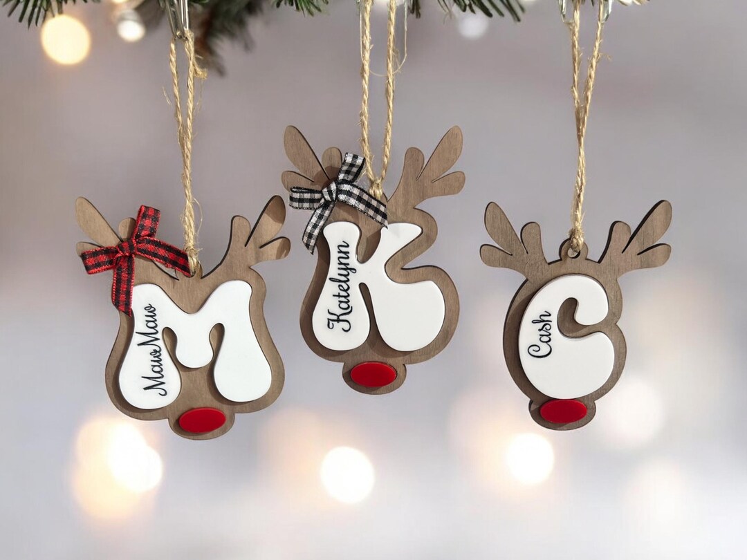 Personalized Reindeer Letter Ornament: Engraved Wood Christmas Tree ...