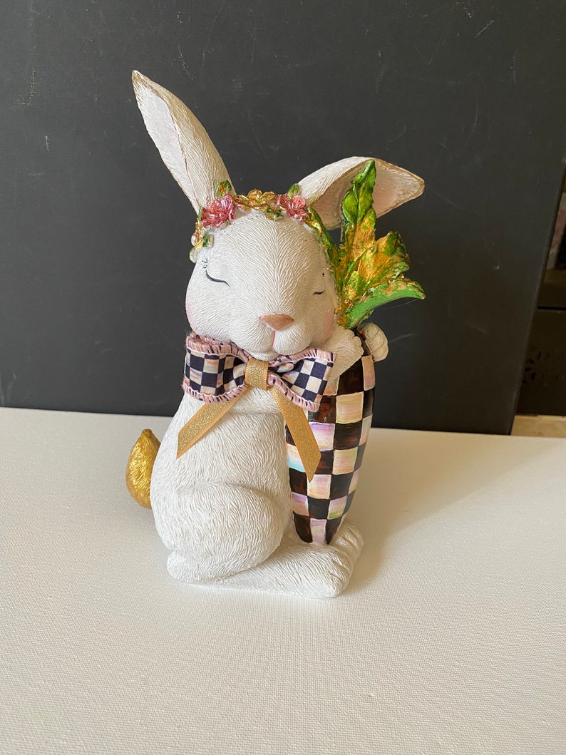 Easter Bunny Figurine With Black and White Check Carrot, Whimsical ...