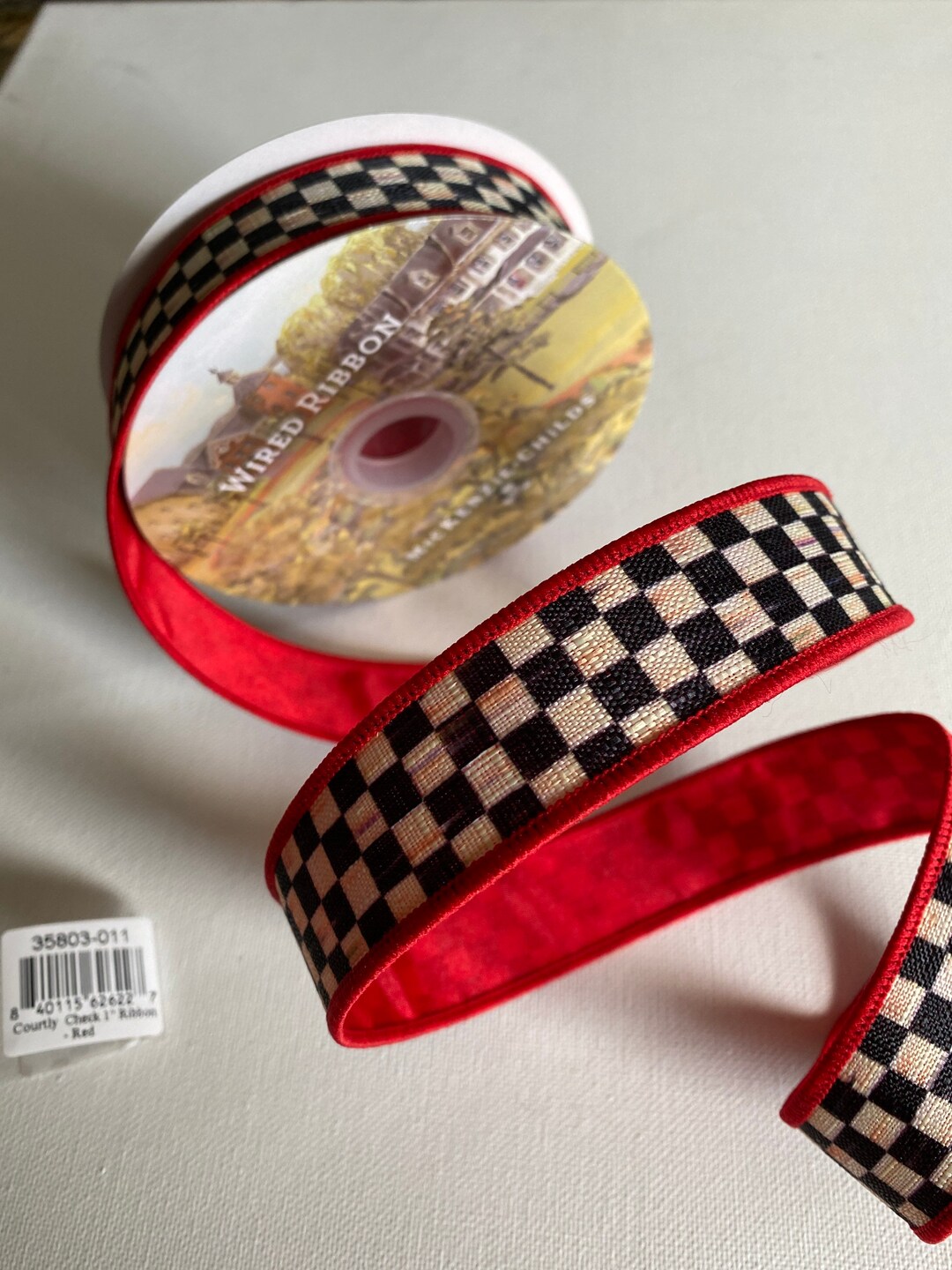 Sold by the Yard 1" Mackenzie Childs Courtly Check~wire Edge Ribbon RED ...