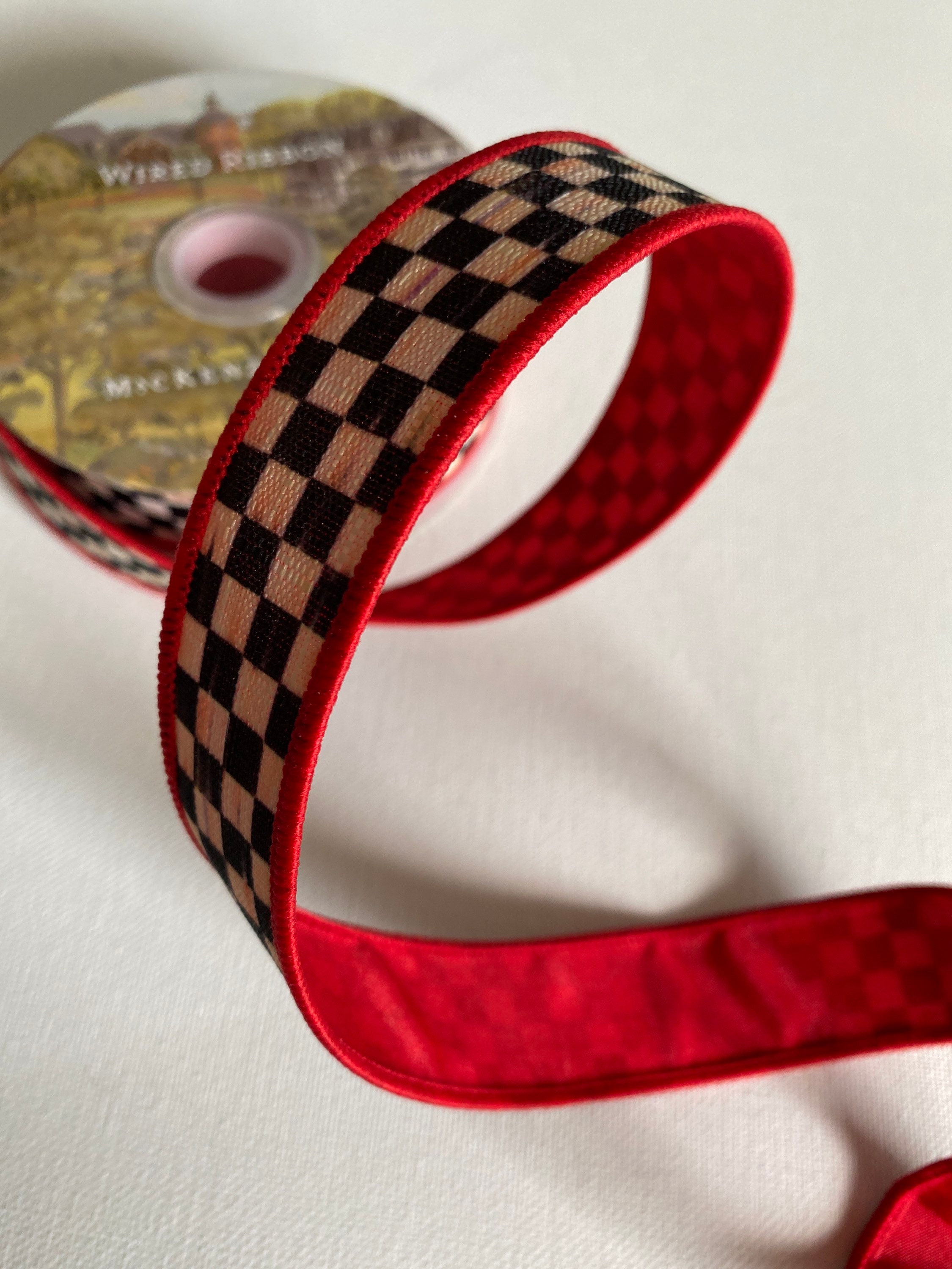 Sold by the Yard 1" Mackenzie Childs Courtly Check~wire Edge Ribbon RED ...