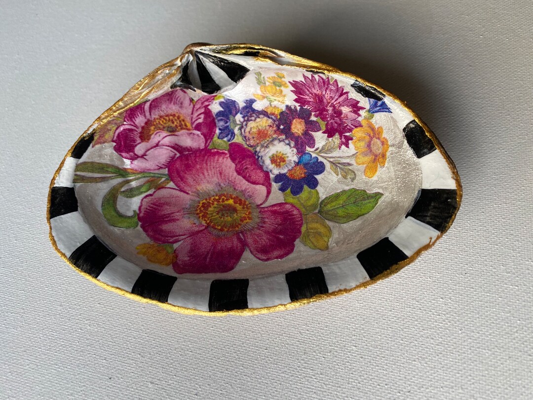 Black & White Check ,pink Flowers Decoupaged Clam Shell +hand Painted ...