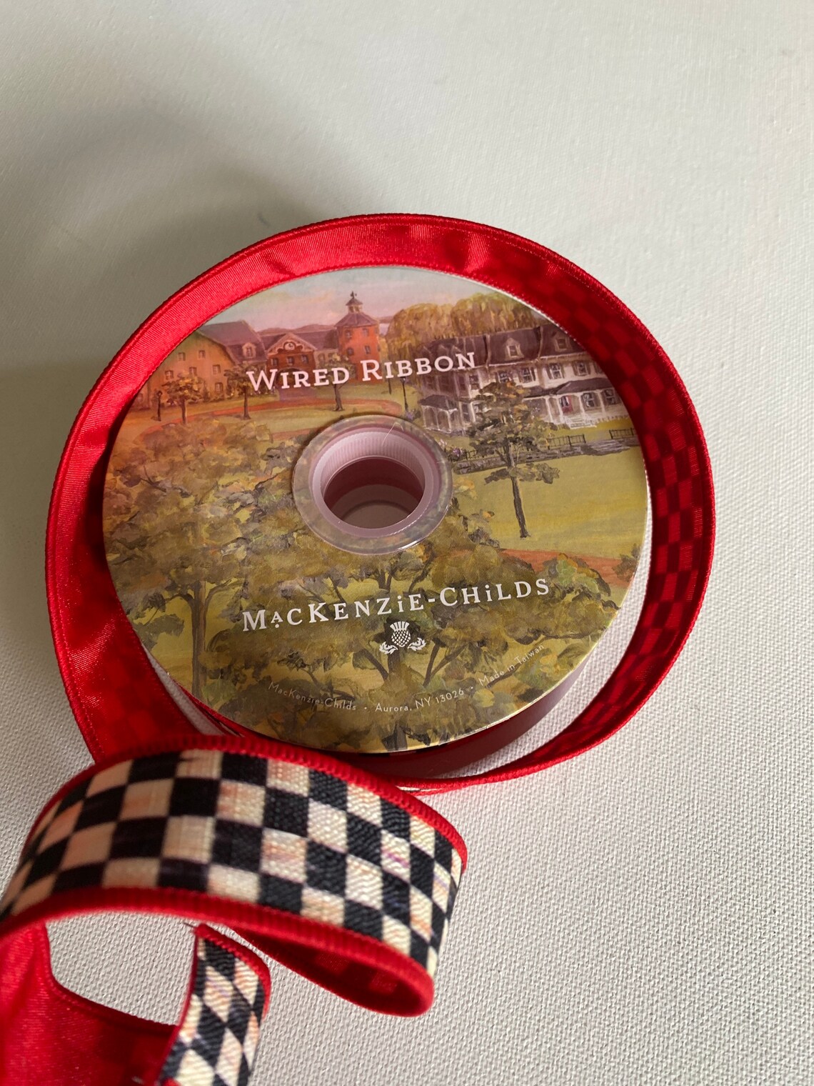 Sold by the Yard 1" Mackenzie Childs Courtly Check~wire Edge Ribbon RED ...