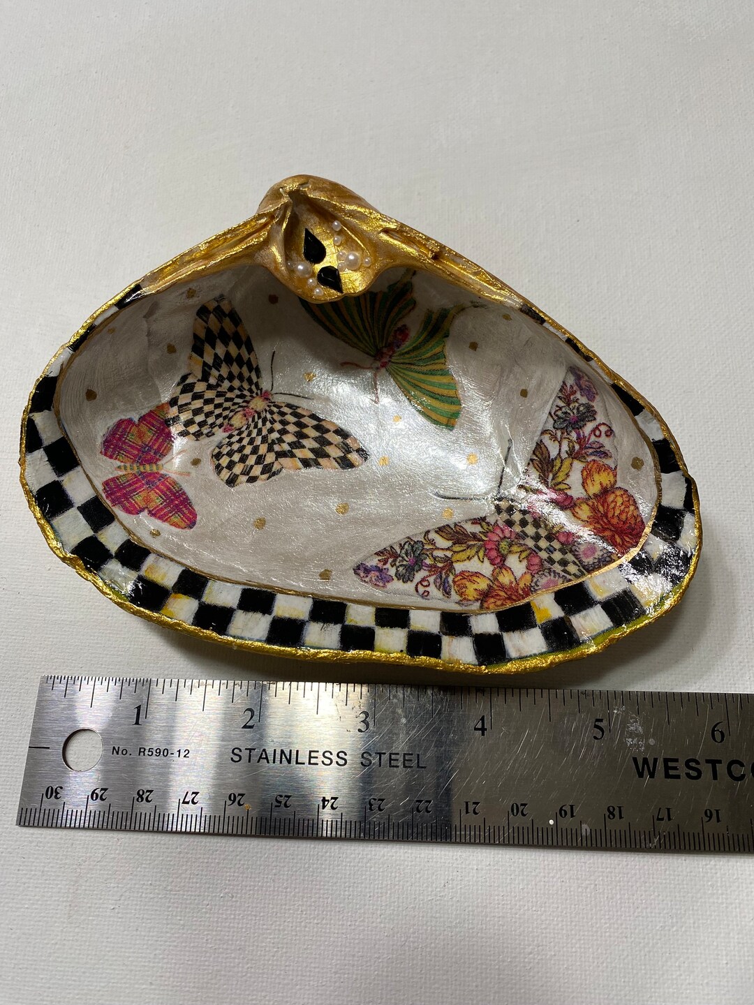 Black & White Check ,butterfly Flowers Decoupaged Xlarge Clam Shell ...