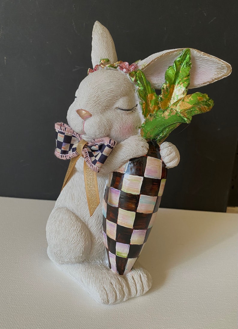 Easter Bunny Figurine With Black and White Check Carrot, Whimsical ...