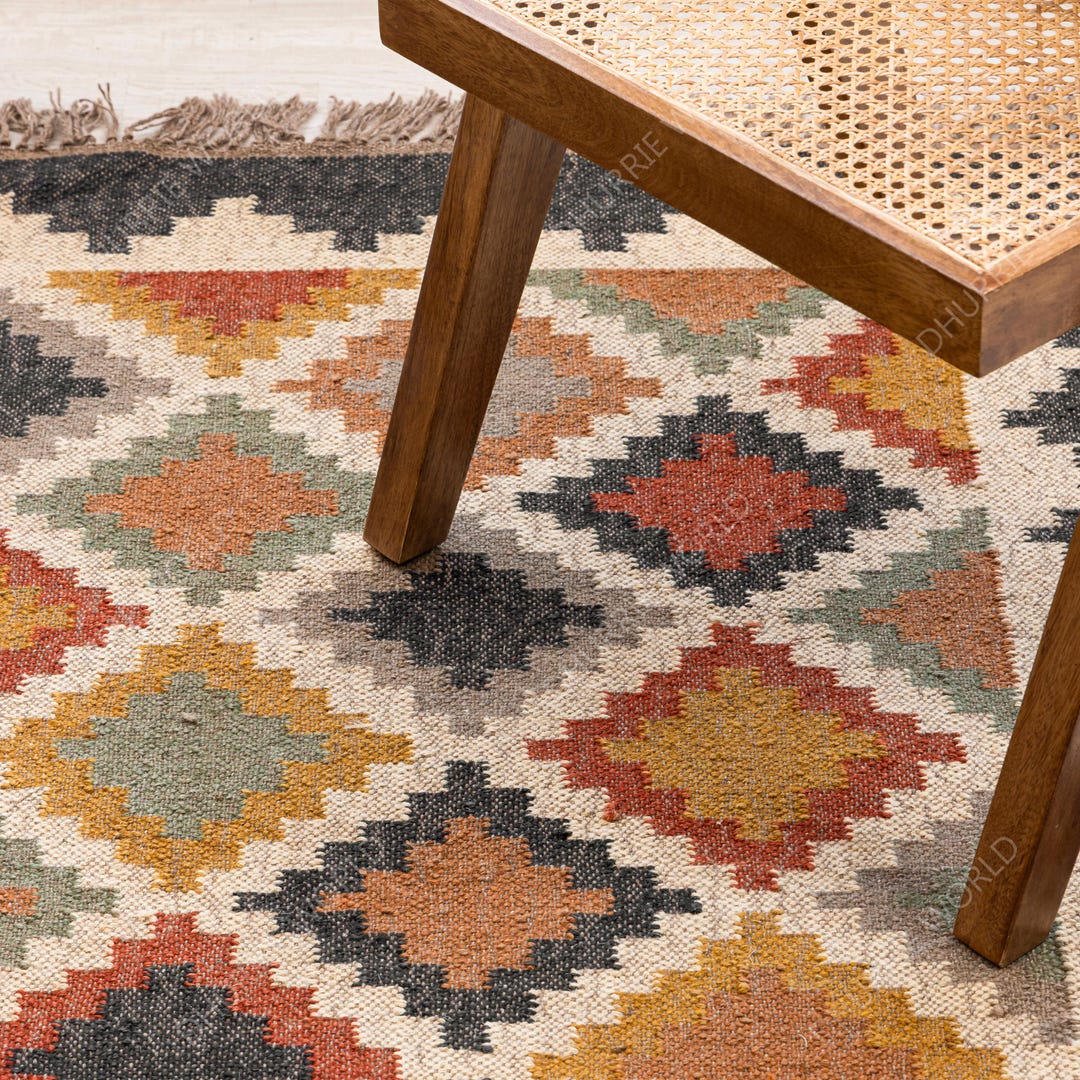 Wool and Jute Rug in Red Color, Handmade Kilim Dhurrie Rug, Traditional ...