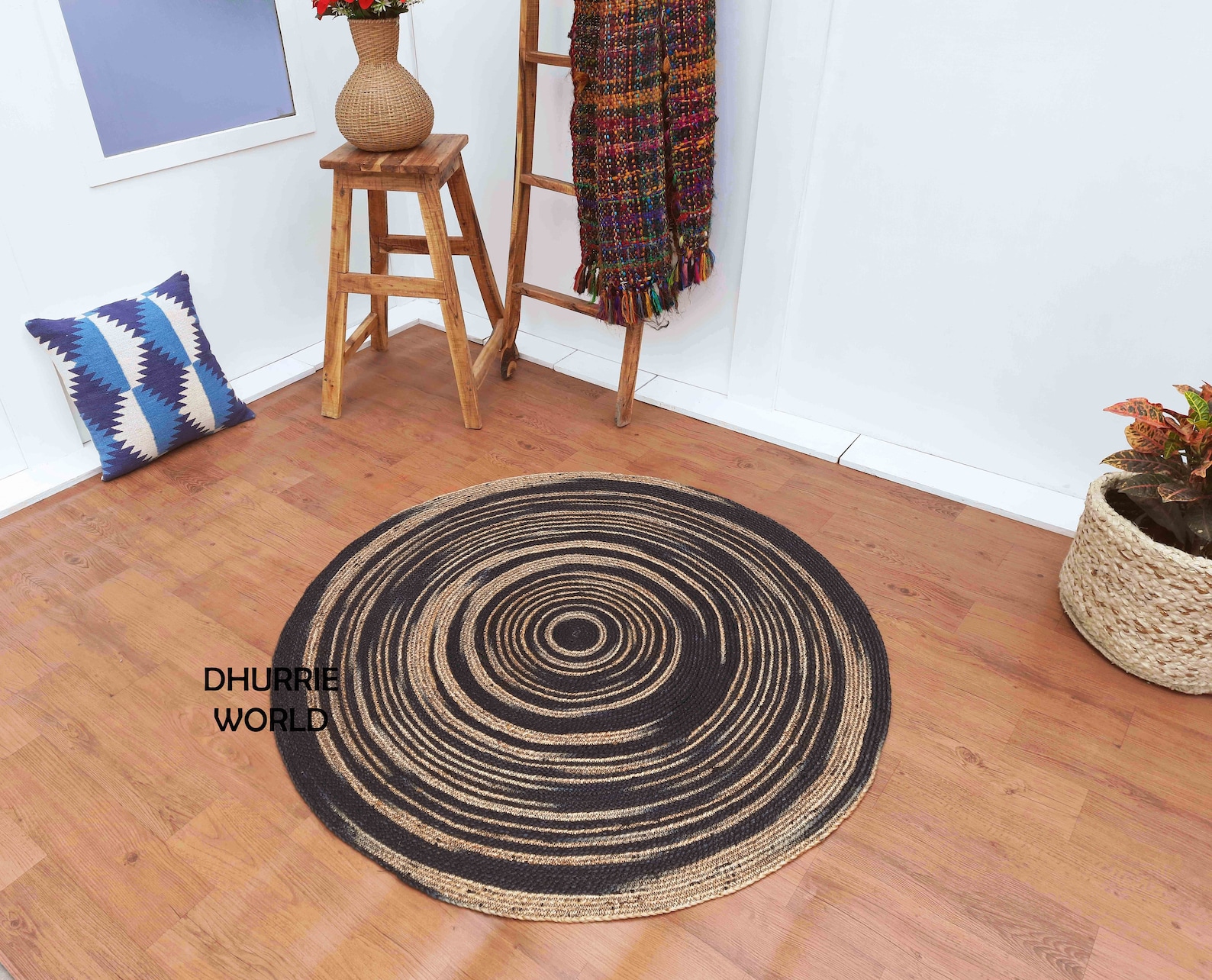 4x4, 5x5, 6x6, 7x7, 8x8 Jute Braided Round Rug Tie Dye Natural Fiber ...