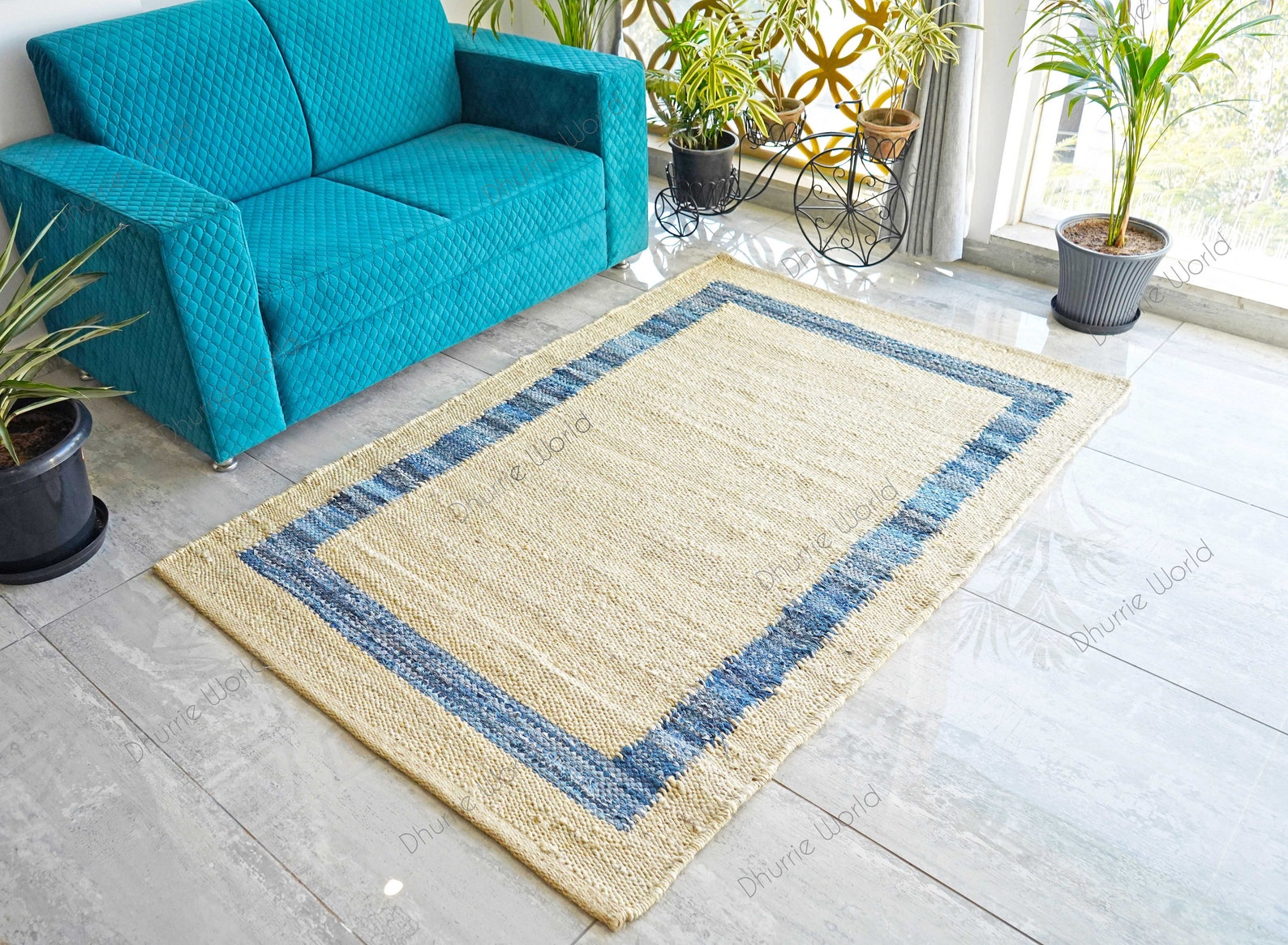 Bohemian off White Jute Bordered Rug Denim Jute Area Rug - Etsy