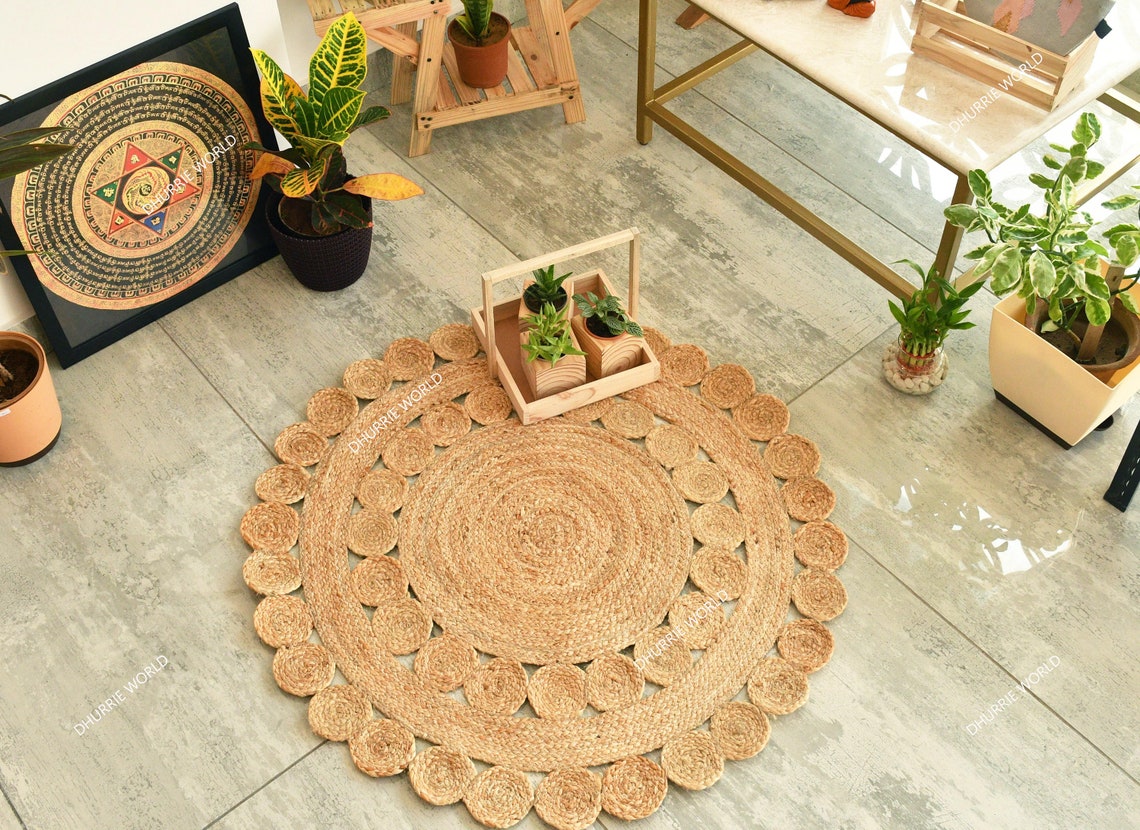 Natural Jute Braided Round Rug, Designer Bohemian Jute Area Rug, Eco ...