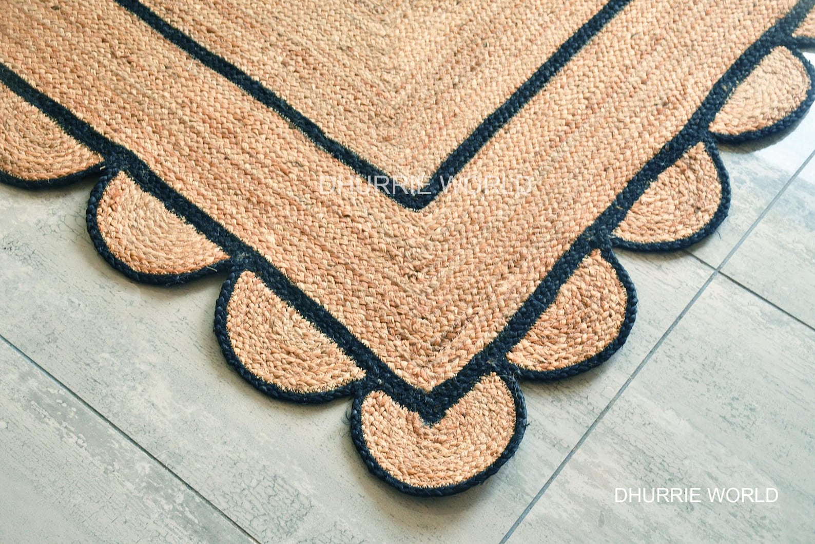 Black Jute Scalloped Rug, Boho Scallop Pattern Rug, Natural Jute Area ...