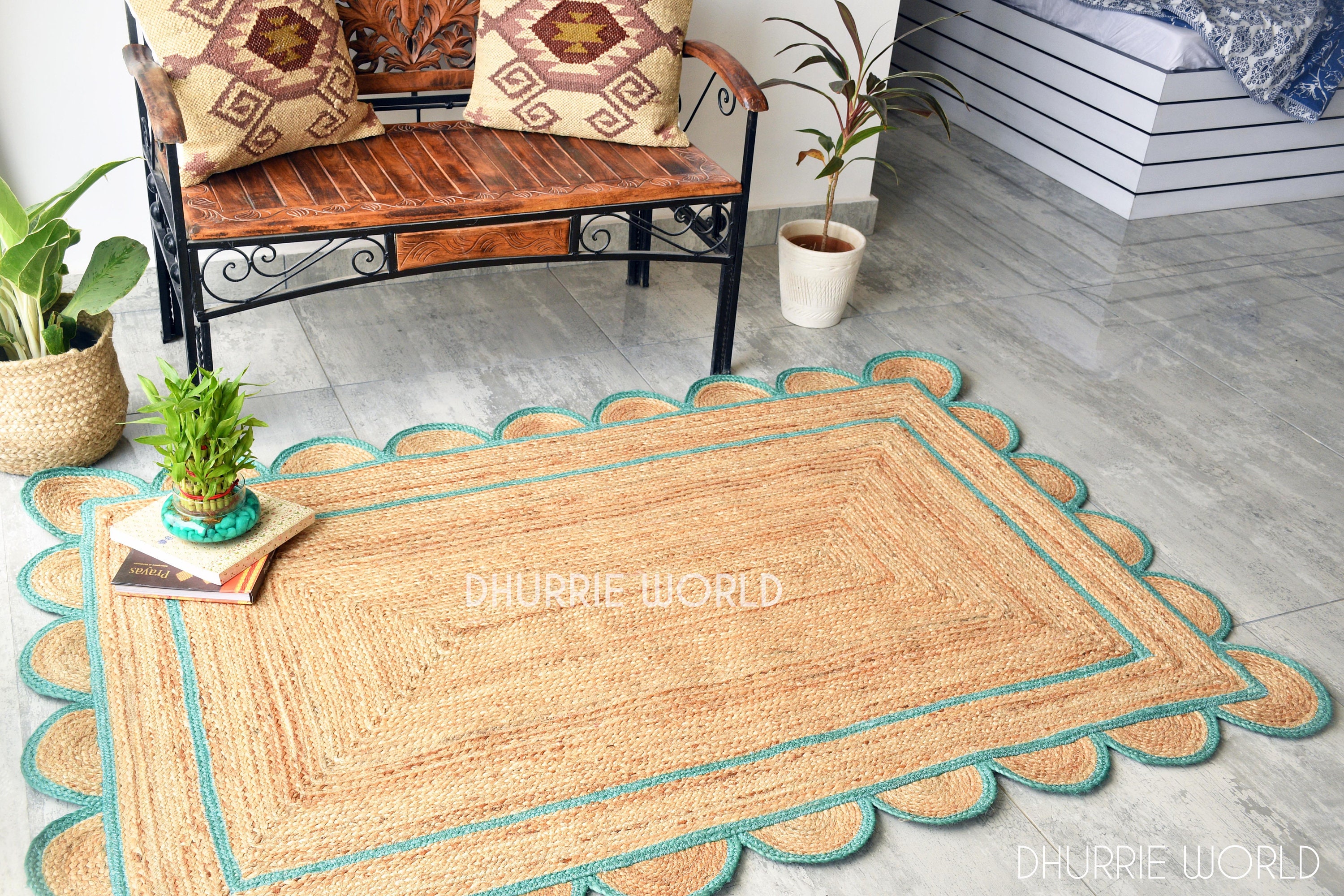 Scallop Edge Jute Rug Scalloped Pattern Rug Bohemian Area - Etsy UK