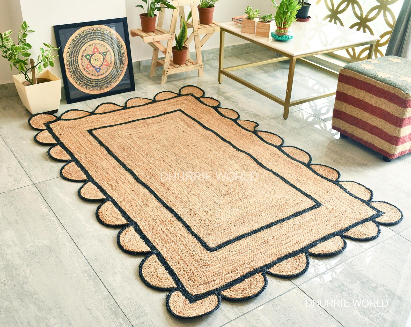 Black Jute Scalloped Rug, Boho Scallop Pattern Rug, Natural Jute Area ...
